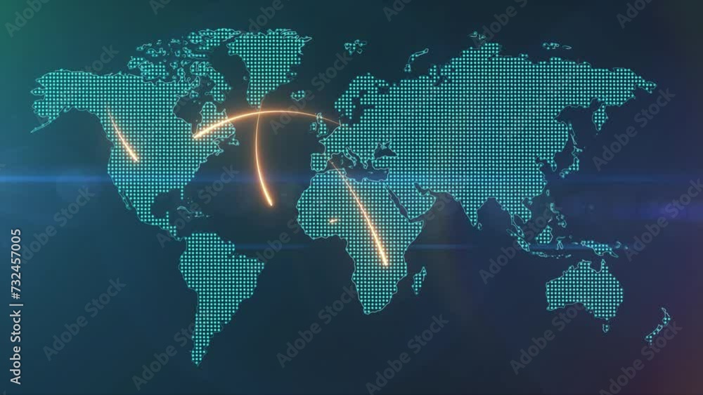 A 4k motion graphics animation of a world map with an orange line ...