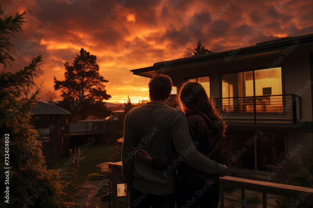 Loving couple enjoying a beautiful sunset from home balcony Stock Photo ...