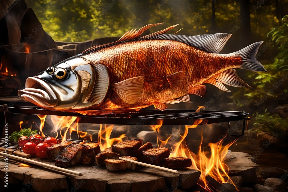 Against a backdrop of rustic outdoor scenery, a barbecue grill crackles ...