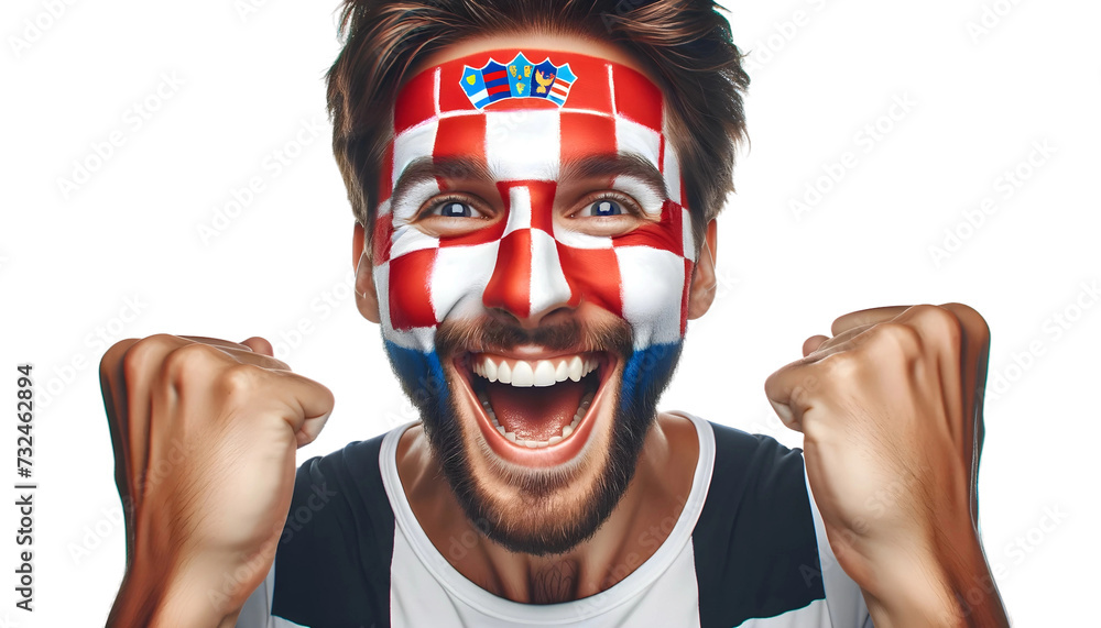man soccer fun portrait with painted face of croatian national flag ...
