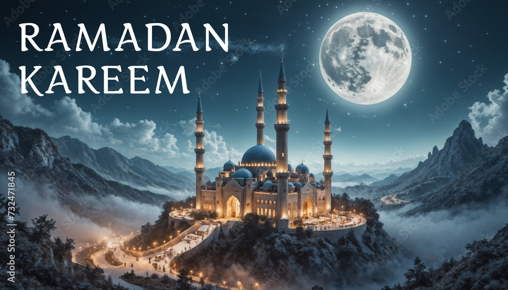 Ramadan celebration poster with text Ramadan Kareem. Grand mosque with ...