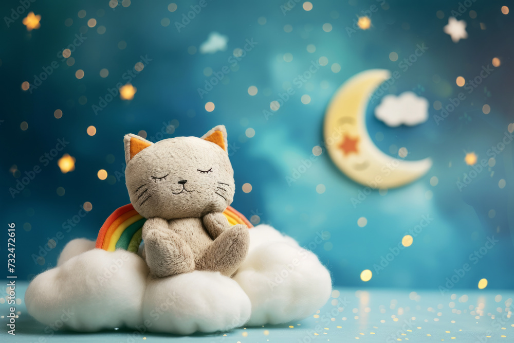 Cartoon cat in a night fairy tale in the clouds and rainbow. Stock ...