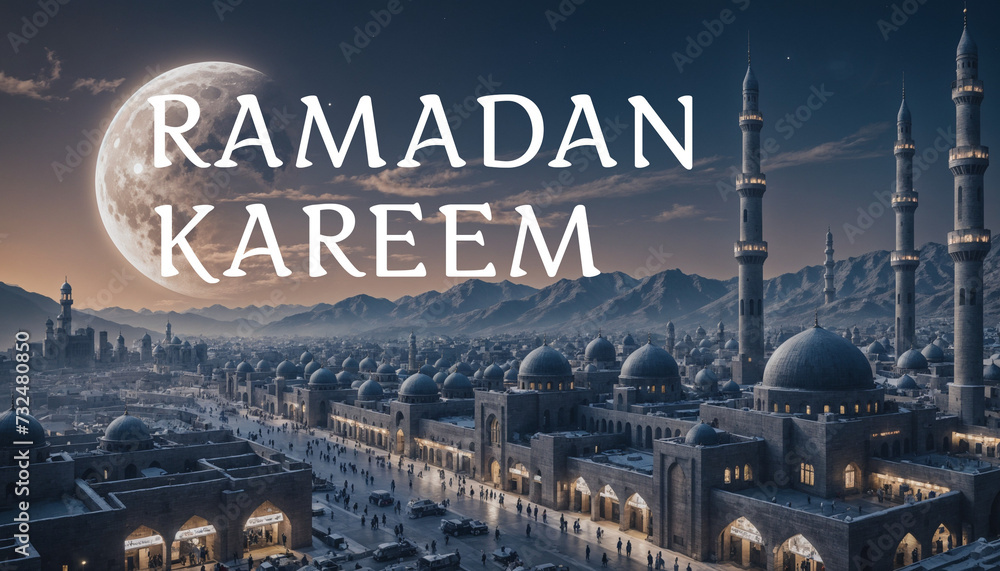 Ramadan celebration poster with text Ramadan Kareem. Grand mosque with ...