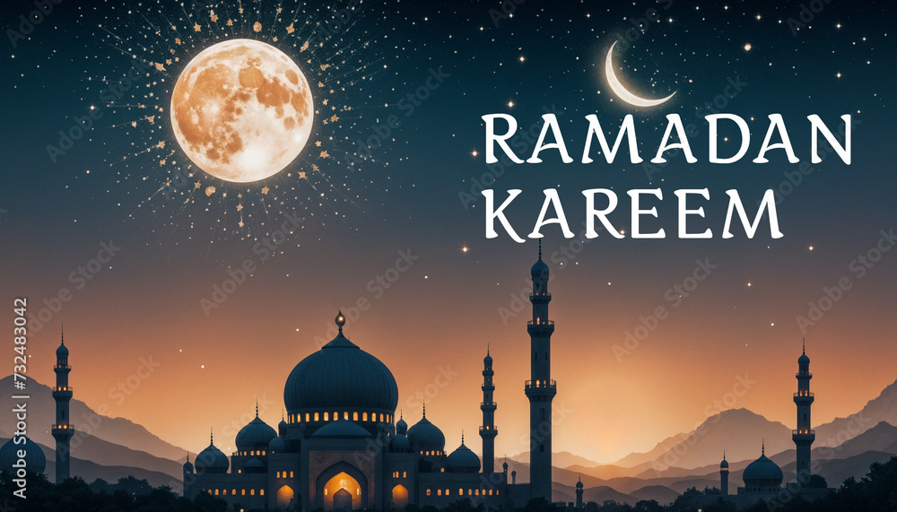 Ramadan celebration poster with text Ramadan Kareem. Grand mosque with ...
