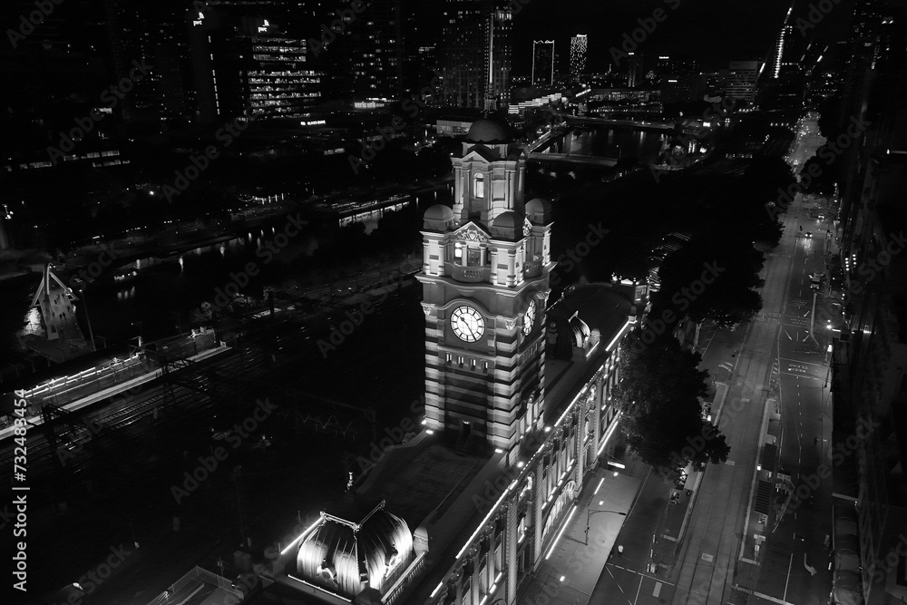 flinders street station decretive clock tower at night, Victorian style ...