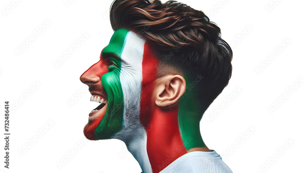 man soccer fun profile portrait with painted face of italian national ...