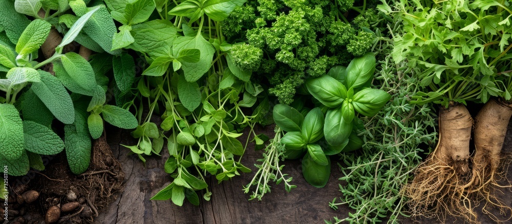 The table contains a variety of herbs, such as plants, flowers, leaf ...