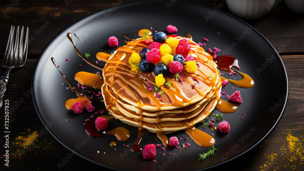 A dish of rainbow pancakes with a drizzle of maple syrup. The camera ...