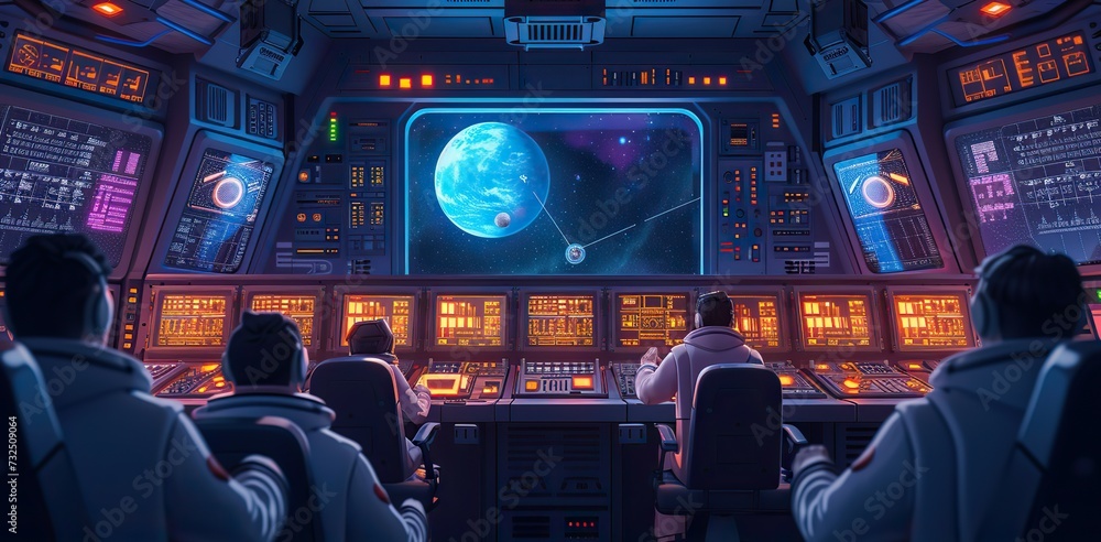 Crew members operating a spacecraft control room with advanced consoles ...