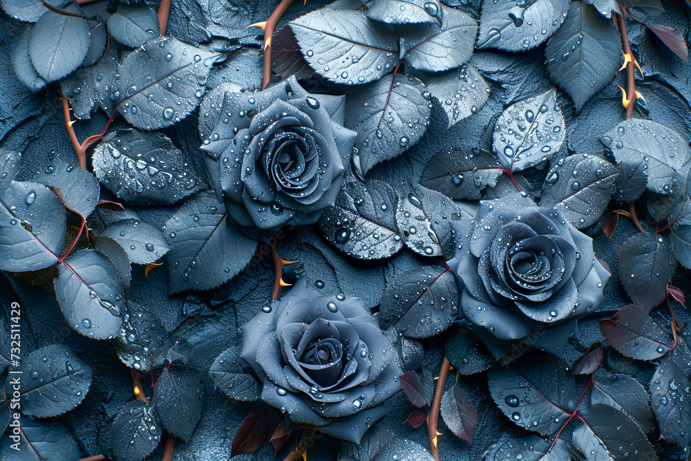fully tileable repeat seamless background of frosted black / blue roses ...