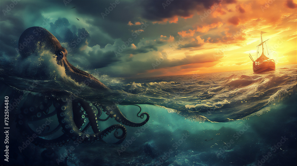 giant octopus under the sea with little fisherman boat above the water ...