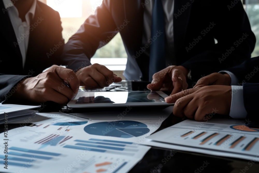 Business people, data analysis with tablet and paperwork, hands with online review in meeting ...