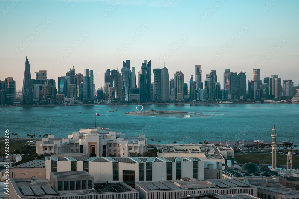 Doha, Qatar - February 3, 2024 -Doha Towers with water in front of them ...