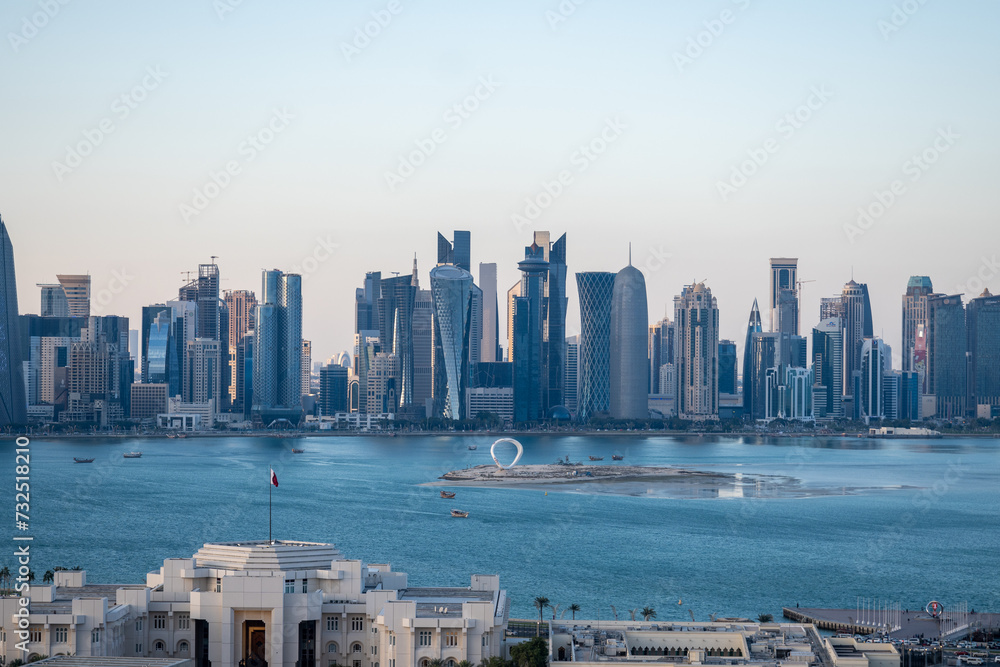 Doha, Qatar - February 3, 2024 -Doha Towers with water in front of them ...