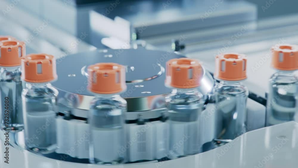 Glass Vials on Rotating Conveyor Belt inside Modern Pharmaceutical ...