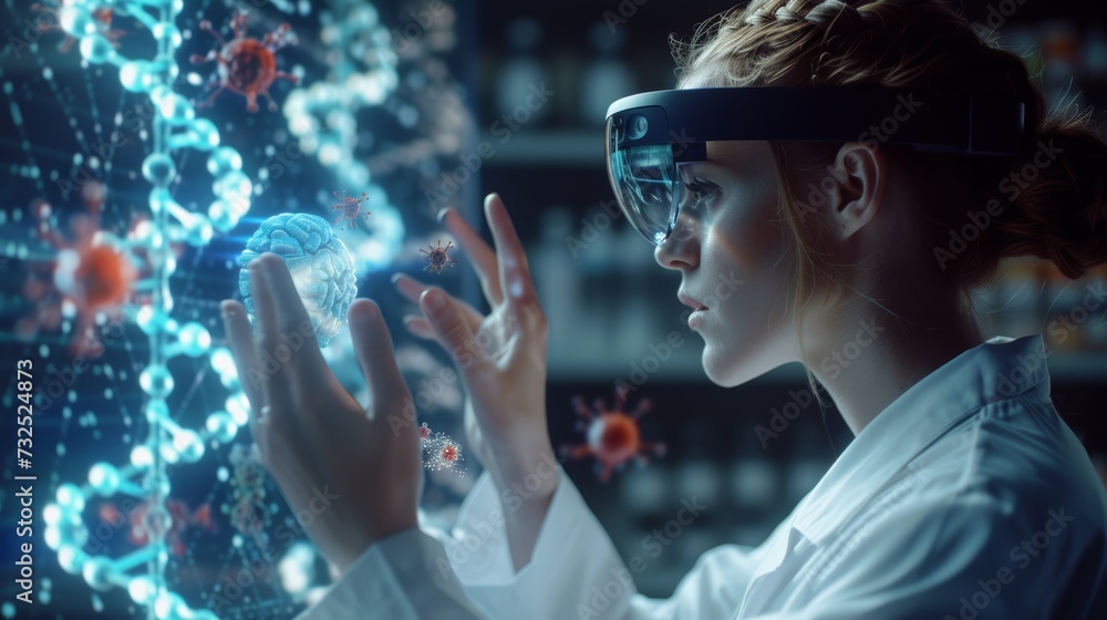 Biotech concept, A scientist wearing an augmented reality headset ...