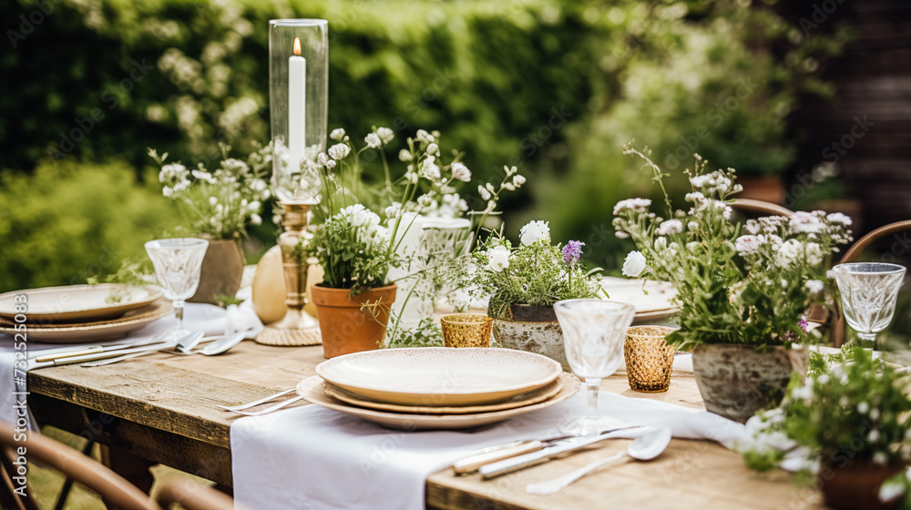 Table decor, holiday tablescape and dinner table setting in countryside ...
