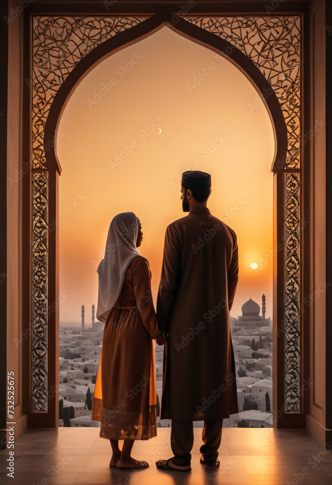 A young Muslim couple standing near an Arab archway looking out over ...