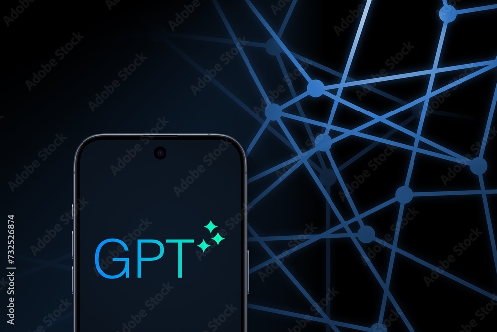 fictional GPT Logo shown on a modern smartphone in front of connected ...