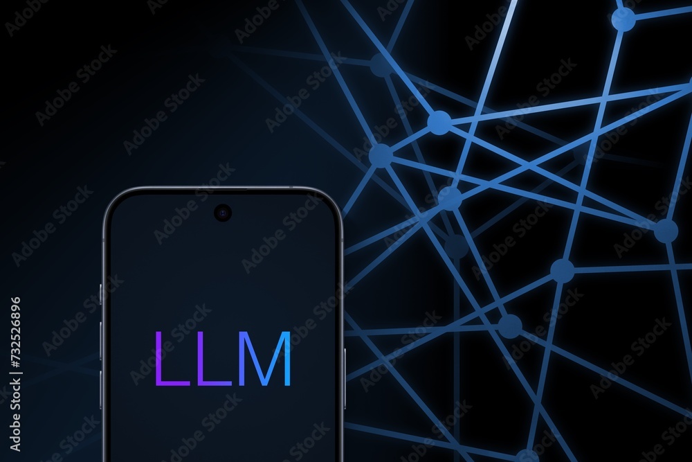 fictional LLM Logo shown on a modern smartphone in front of connected ...