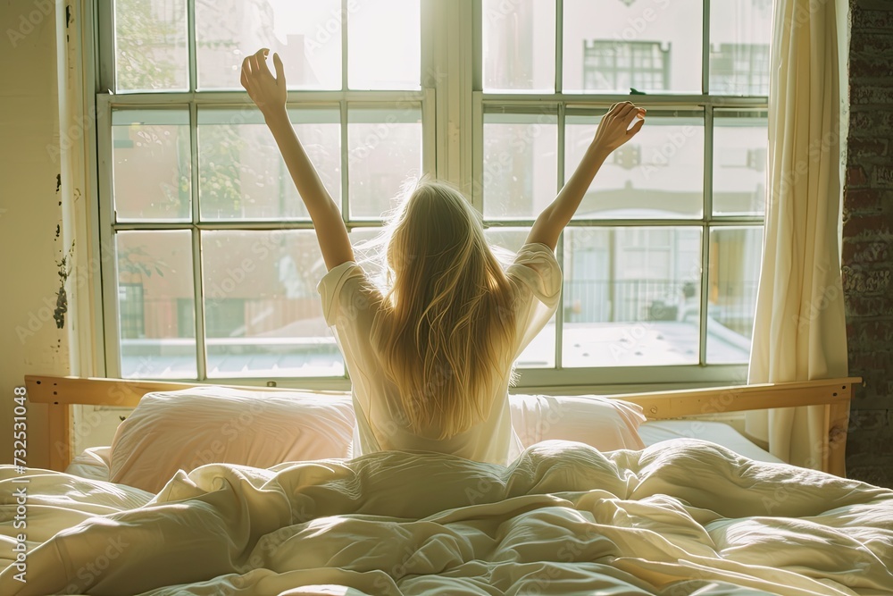 Radiant Morning: A happy young woman begins her day with a joyful stretch, basking in the golden ...