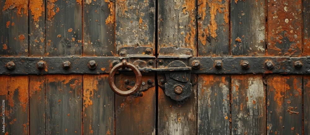A detailed view of a corroded hardwood door featuring a rustic metal ...