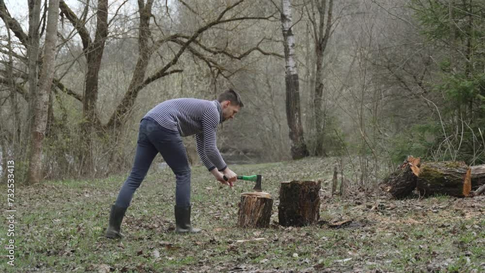 Lonely man dangerously cuts piece of wood with ax to light fire in the ...