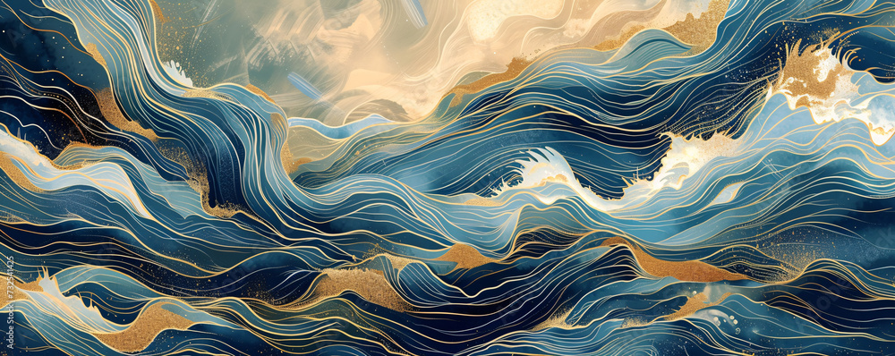 Ocean waves illustration with Greek mythology feel design with Japanese ...