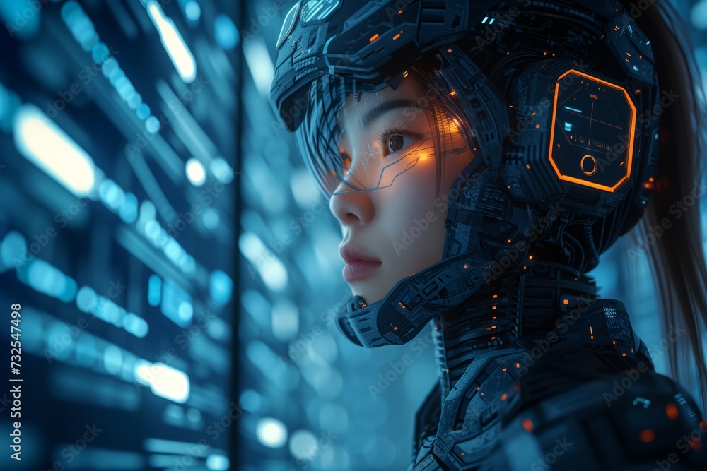 Female cyborg with detailed helmet reflects advanced AI and data ...