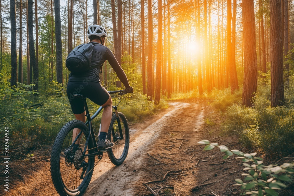 Solitary biker enjoys peaceful ride in sun-drenched forest, path ...