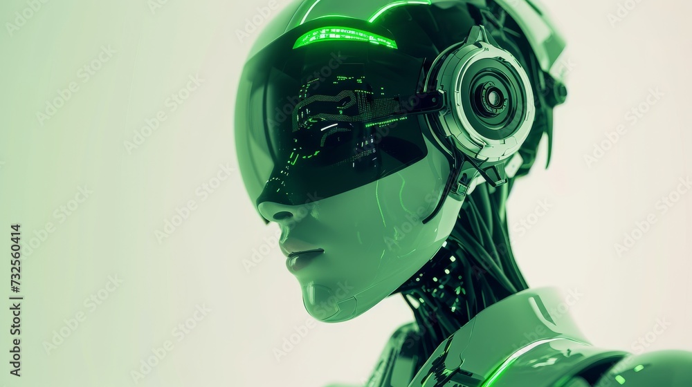 Humanoid robot with green light in the head on white background Stock ...