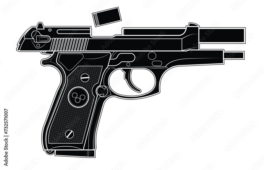 Vector illustration of the Beretta M92 automatic pistol with the breech ...