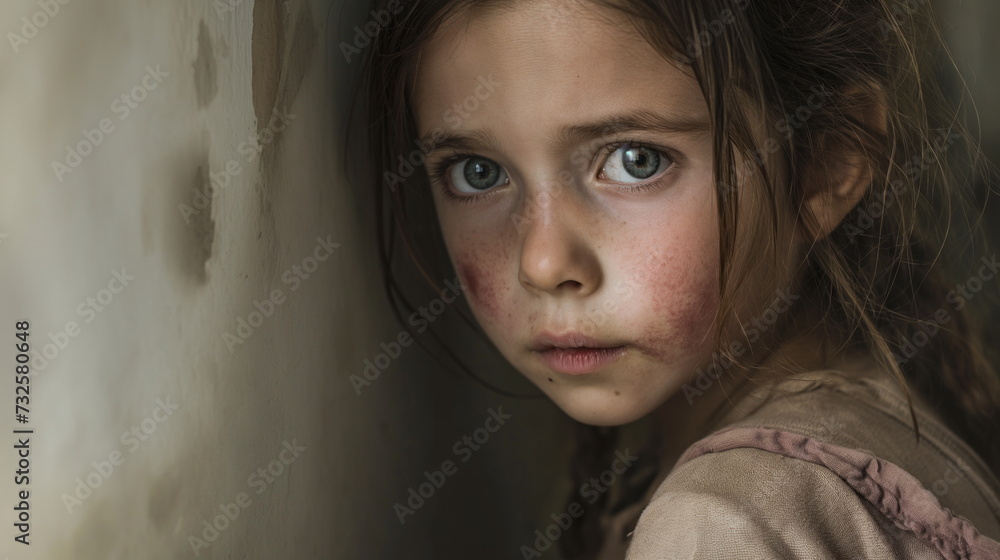 Foto de Little girl from a poor family with scars is crying in the ...