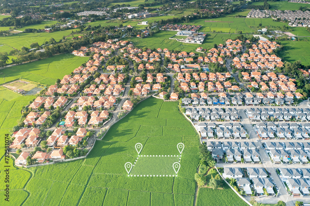 Land plot in aerial view. Gps registration survey of property, real ...