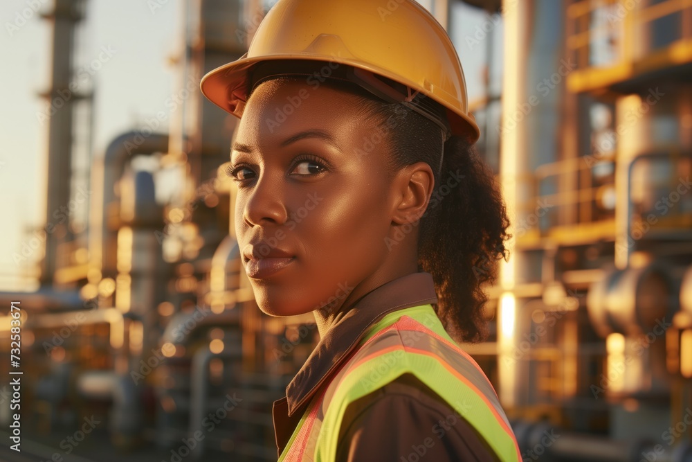 An African American woman engineer, her gaze set confidently towards ...