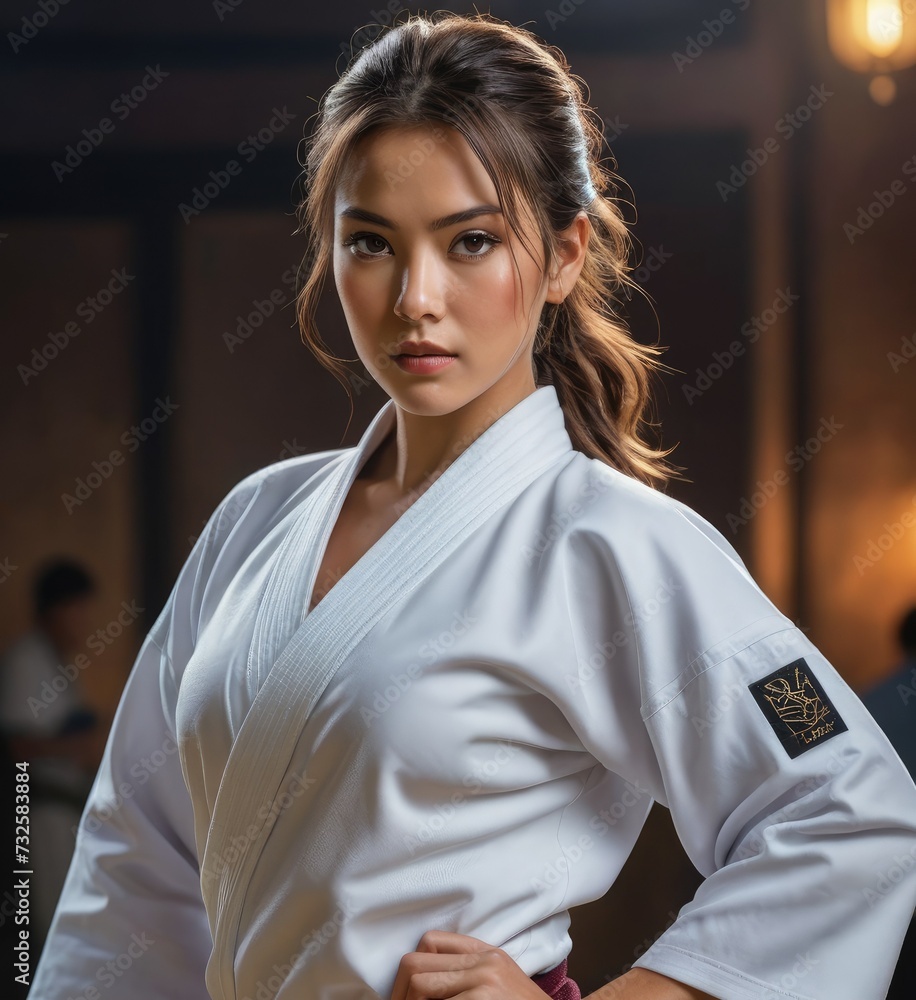 Elevated Energy: Beautiful Karate Warrior Woman Exudes Strength in Practice Stock Illustration ...