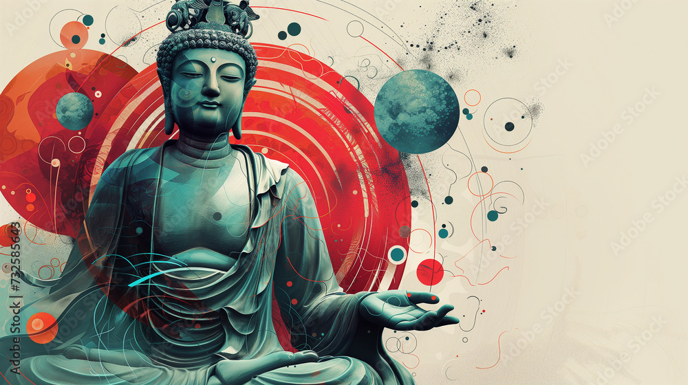 Buddha statue poster with digital abstract decoration. Religion and ...
