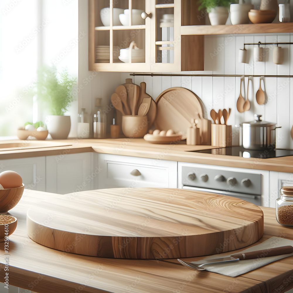Empty beautiful round wood tabletop counter on interior in clean and ...
