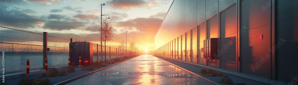 Foto de Sunset Glow on Industrial Building Exterior. The warm glow of ...