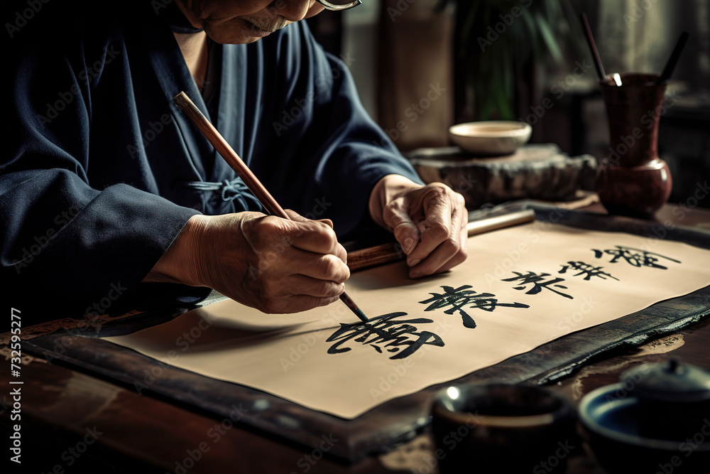 Calligraphy. Generative AI. An elderly calligraphy master writes ...