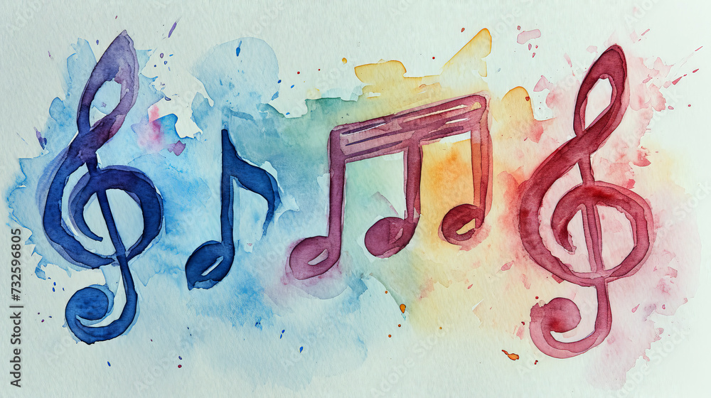 Hand drawn watercolor illustration of musical notes on watercolor ...
