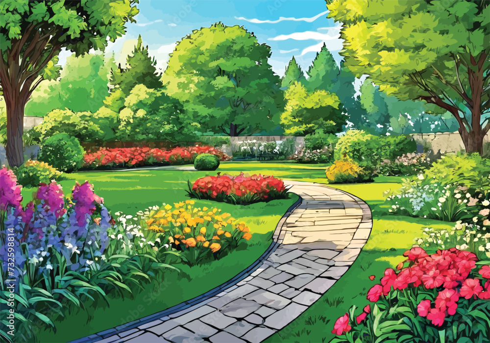Garden landscape with vibrant flowers and greenery: Animation Vector ...