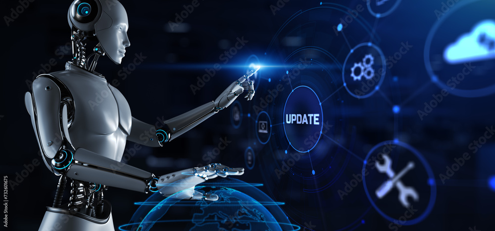 Update system upgrade install. Robot pressing button on screen 3d render. Stock Illustration ...