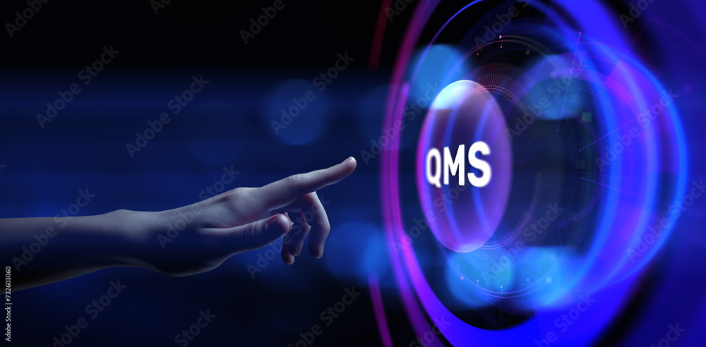 QMS Quality management system. Hands pressing button virtual screen ...