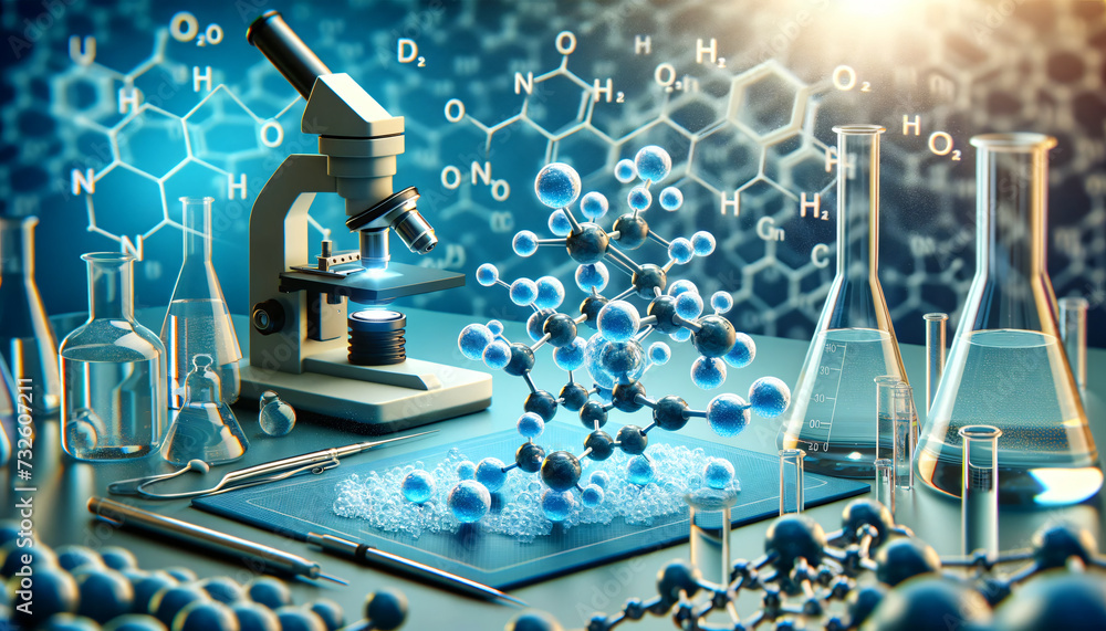 Molecule with Beakers and Microscopes floating in a Laboratory Three ...