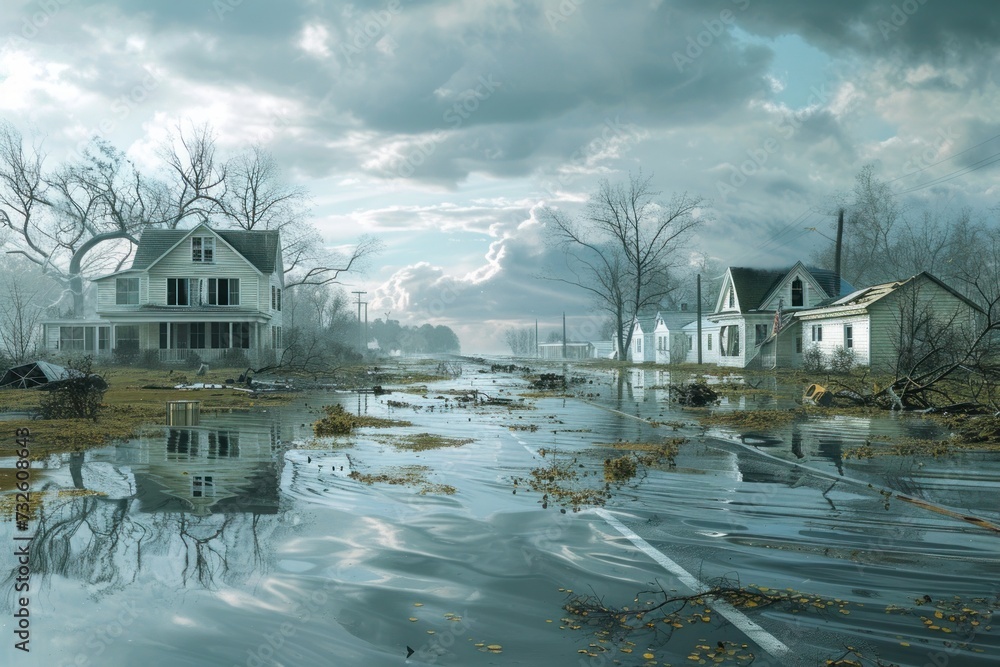 Aftermath of Flood in Residential Area at Sunset. Serene yet somber ...