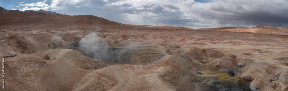 Sol de Mañana geothermal area wih geysers, fumaroles, hot springs and ...