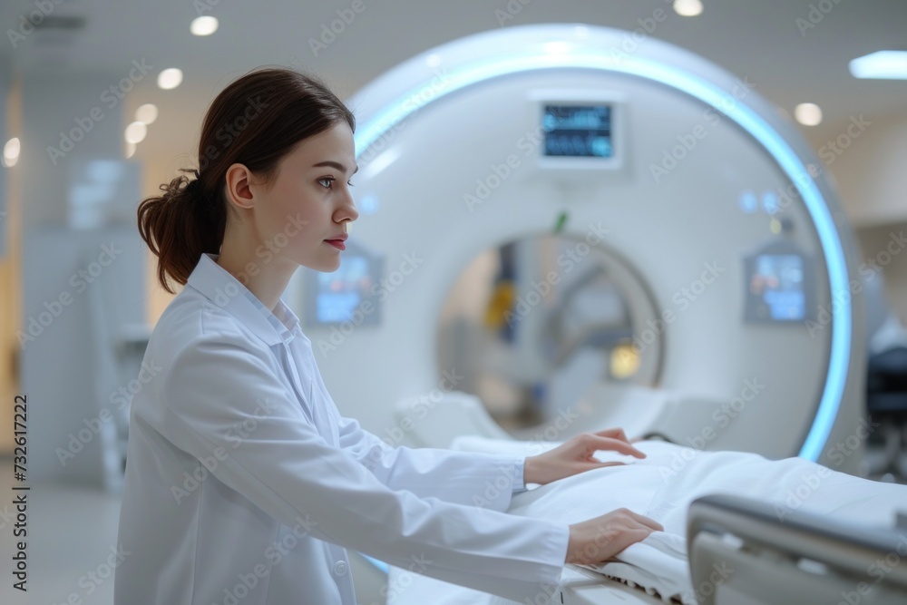 Woman in White Lab Coat Standing Next to Machine Stock Photo | Adobe Stock