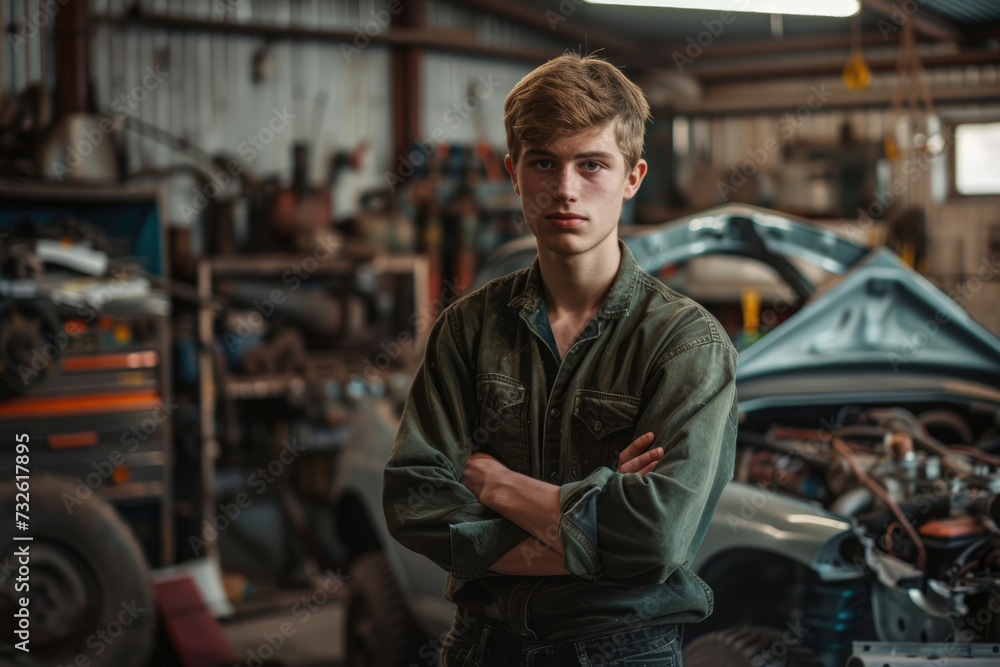 A young car mechanic poses for the camera with his arms crossed in a ...