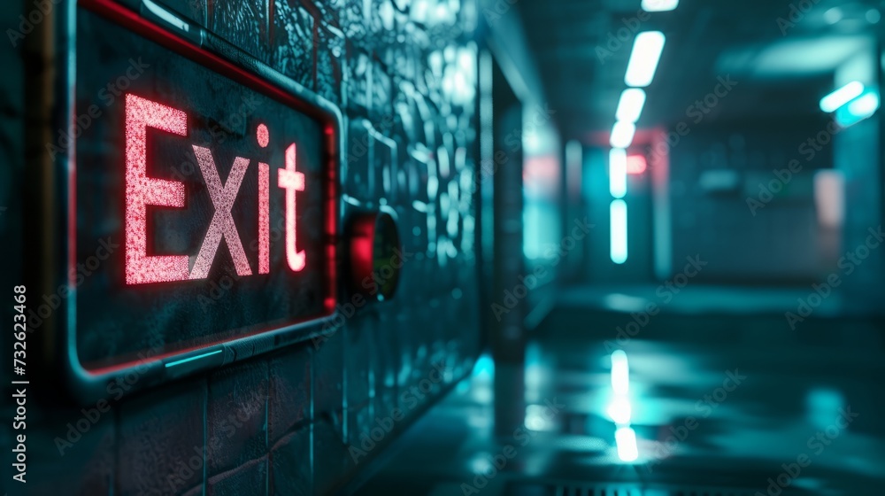 An exit sign in a long corridor symbolizing the exit from the room ...